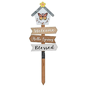 DECSPAS Spring Decorations for Home, 34" H Decorative Garden Stakes White House Butterfly Flowers Ornaments Summer Outdoor Porch Decor, Welcome Hello Spring Blessed Sign Spring Home Decor for Outside