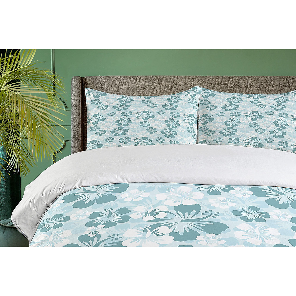 Ambesonne Hawaiian Duvet Cover Set, Rainforest Sea Coasts Palm Trees Happy Times Simple Monochromic Art, Decorative 3 Piece Bedding Set with 2 Pillow Shams, Queen Size, Blue White