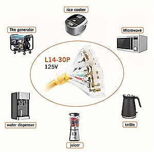 MAYITOP 4 Prong Adapter Generator Power Cord, Nema L14-30P Male to 4X 5-20R T-Blade Household Outlet Female, 30 Amp to 110 Adapter Generator Power Cord 125/250V, 30Amp 7500W