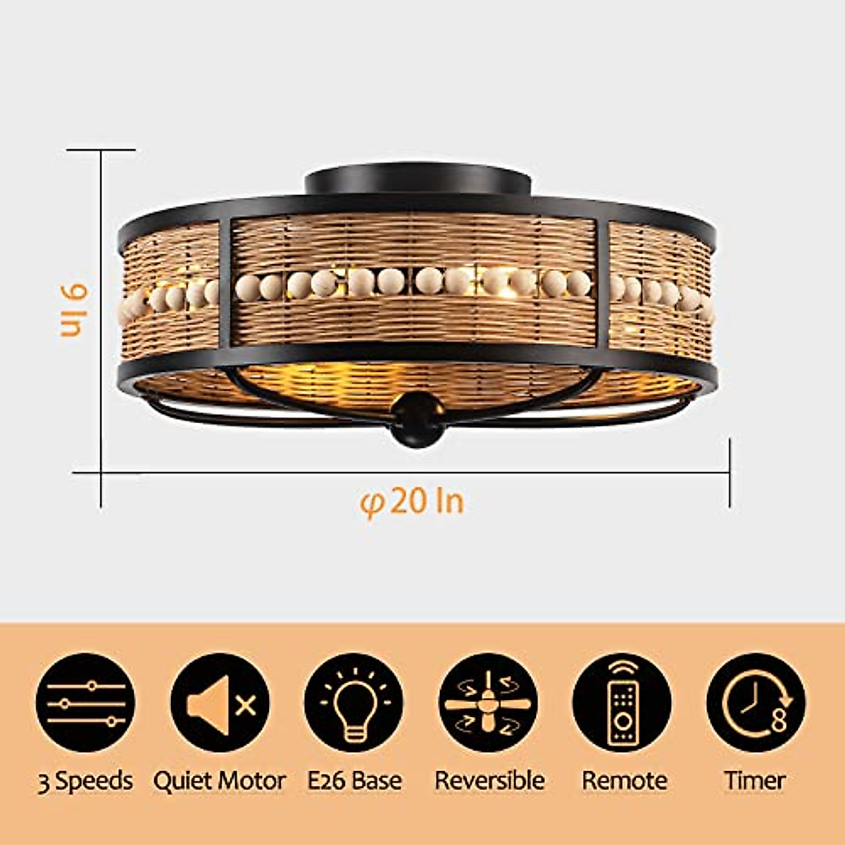 EKIZNSN Boho Caged Ceiling Fan with Light, 20 Inch Modern Boho Bladeless Ceiling Fan, Low Profile Flush Mount Ceiling Fans with Lights for Bedroom (5 E26 Bulbs Included)