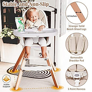 Baby High Chair with Double Removable Tray for Baby/Infants/Toddlers, 3-in-1 Wooden High Chair/Booster/Chair | Adjustable Legs | Easy to Assemble, Cream