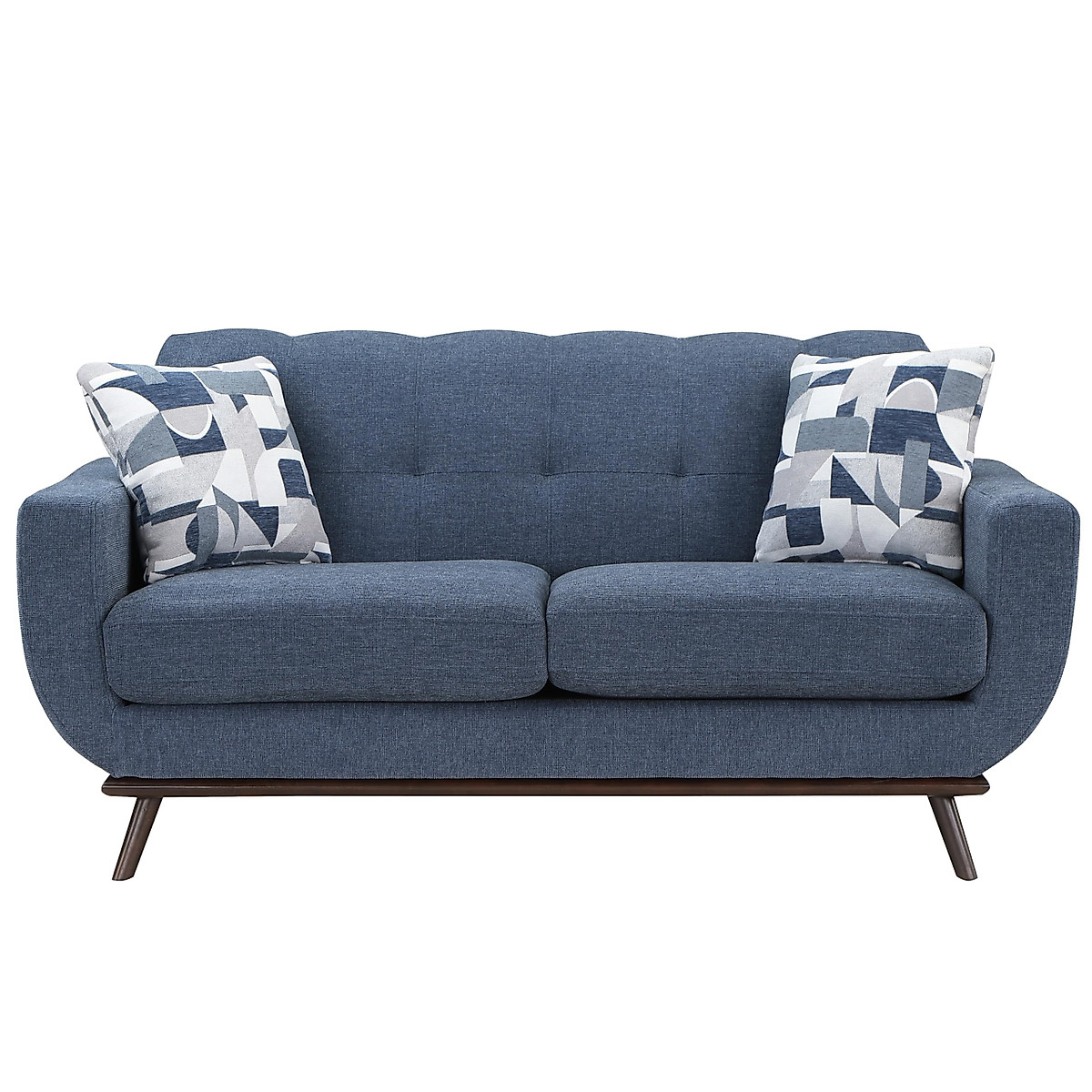 Benjara Keto 70 Inch Loveseat, Chenille, 2 Throw Pillows, Solid Wood, Blue and Brown