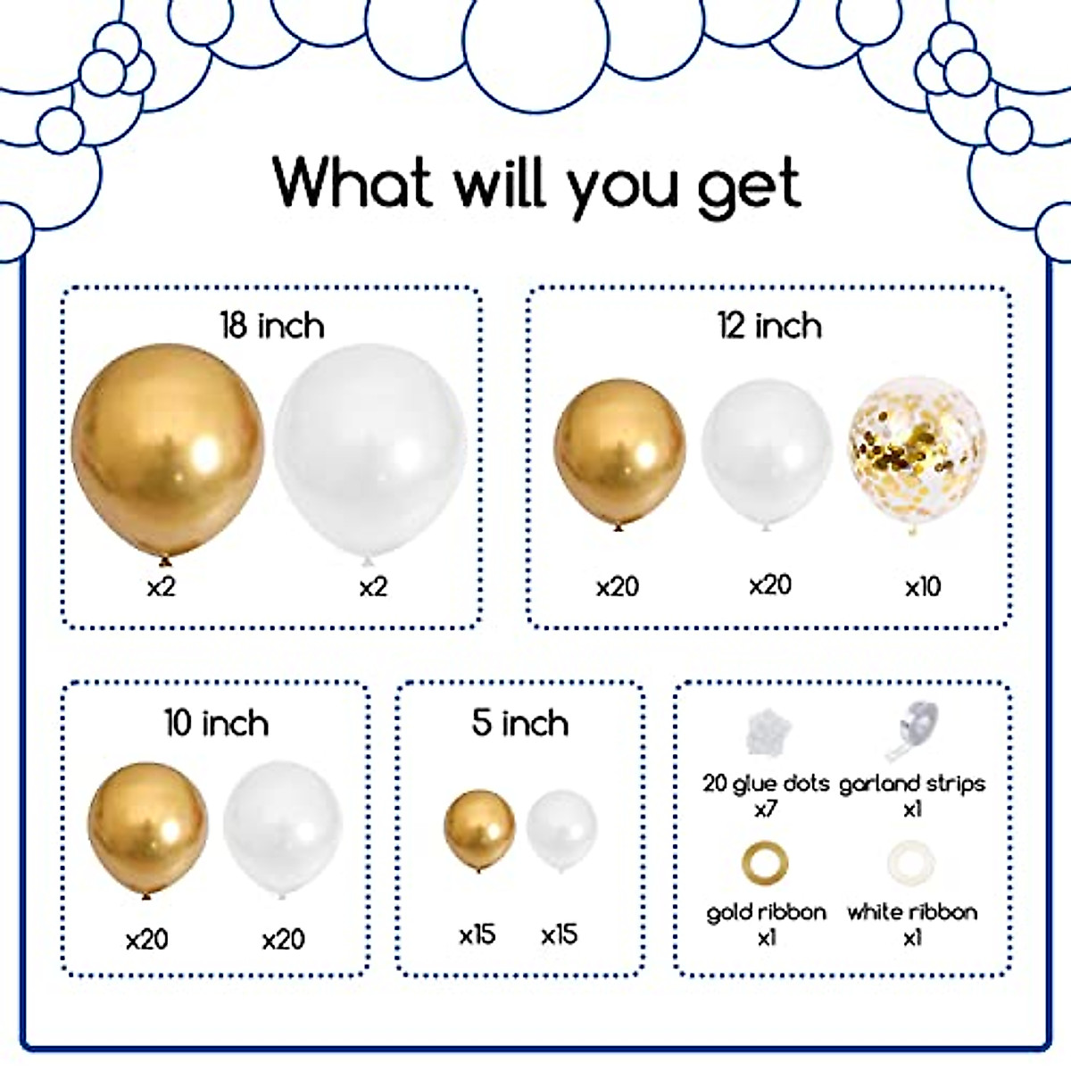 COKAOBE White and Gold Balloons Garland Kit, 124pcs White Metallic Gold Confetti Balloon Arch Kit for Wedding, Engagements Birthday Graduation Baby Shower Celebrations Anniversary Party Decorations