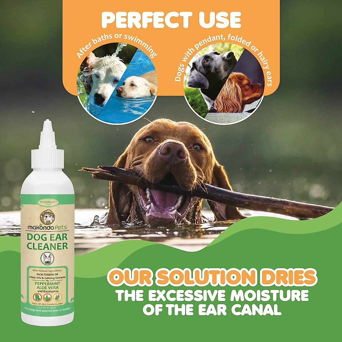 Dog Ear Cleaner Solution with Peppermint. Our Ear Cleaner for Dogs Helps to Remove Wax, Debris & Odor in Pets. Natural Puppy and Dog Ear Wash or Otic Cat Ear Cleaner Drops. No More Dog Head Shaking.