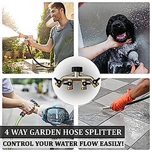 Heavy Duty 4 Way Hose Splitter (Premium Brass for Superior Durability), Wye Garden Hoses Connector for Water Spigot Faucet Bib Tap, Four Shut Off Valves, Y Adapter, Rust-Resistant Finish, Zero Leaks