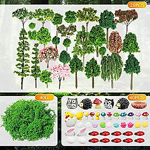 72 Pcs Miniature Fairy Garden Kit Mixed Model Trees Fake Diorama Trees Supplies Mini Fairy Garden Animals Rabbit Owl Miniature Figurines Preserved Terrarium Moss Natural Sheet Moss for DIY Scenery