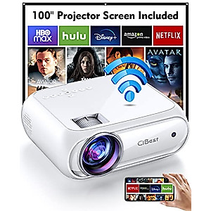 Cibest WiFi Projector Native 1080p, 8000L Movie Projector with High Contrast of 9000:1, Home Projector, Phone Projector, Compatible with iPhone, Android, TV Stick, etc. Projector Screen Included