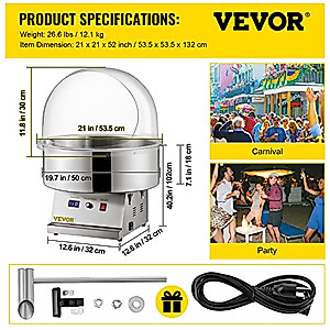 VEVOR Electric Cotton Candy Machine, 19.7-inch Stainless Steel Bowl, 1050W Candy Floss Maker with 338-482℉ Adjustable Temperature, Cover and Sugar Scoop Included, Perfect for Family Party, Silver