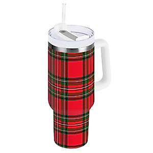 Tumbler with Handle and Straw Lid,Red Tartan Plaid Christma 30 oz Insulated Coffee Cup Stainless Steel Water Bottle Travel Mug Cupholder Friendly,Gifts for Women Men