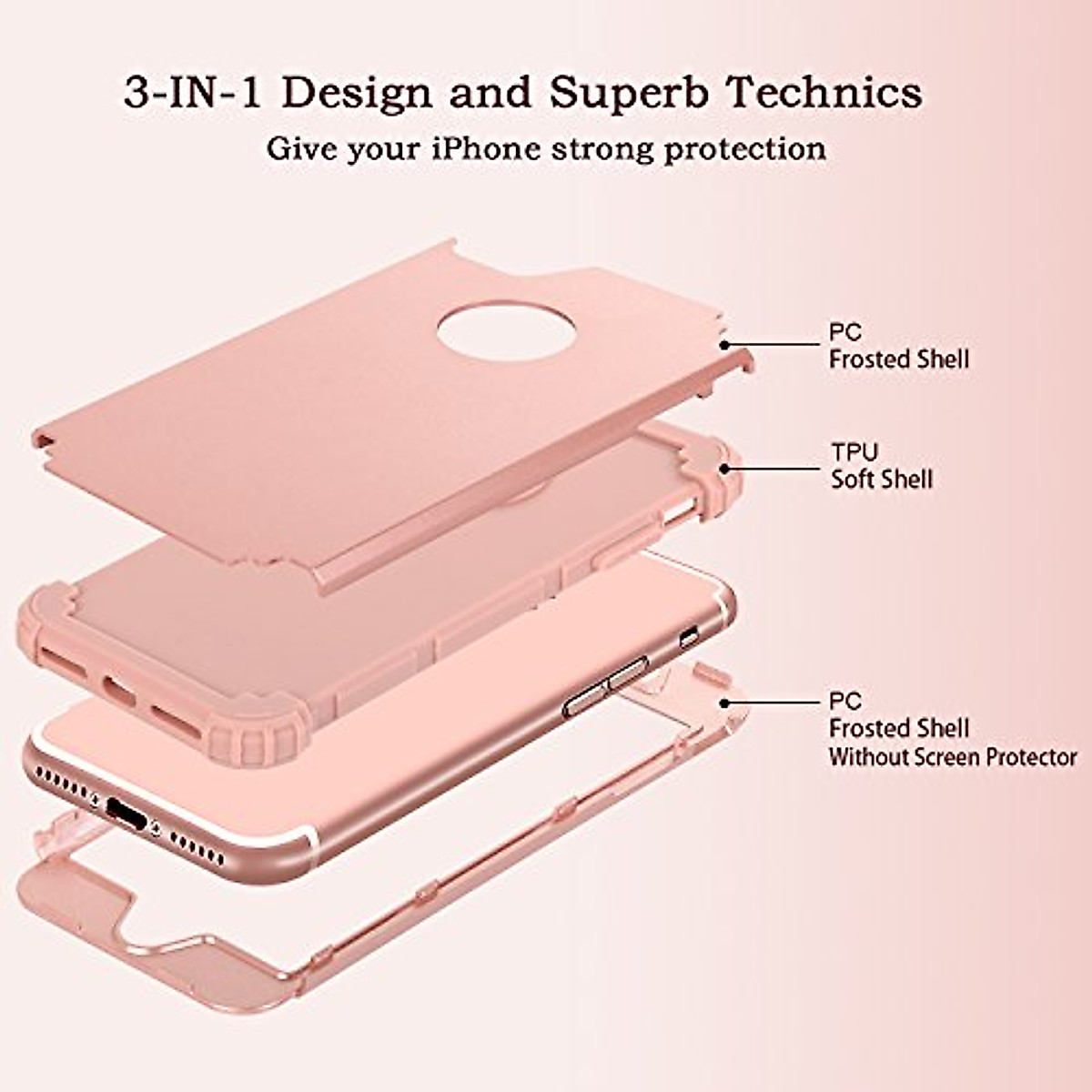 iPhone 8 Case, iPhone 7 Case, BENTOBEN 3 in 1 Hybrid Hard PC Cover & Soft Silicone Bumper Heavy Duty Slim Shockproof Full Body Rugged Protective Phone Case for iPhone 7 & iPhone 8 (4.7Inch), Rose Gold