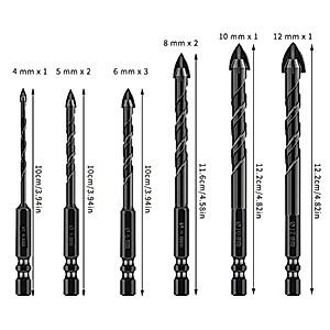 10 Pieces Masonry Drill Bit Set 1/4" Hex Shank Concrete Drill Bits Set for Glass, Tile, Brick, Pots, Plastic and Wood, Carbide Tip Works with Ceramic, Marble, Granite(Black)