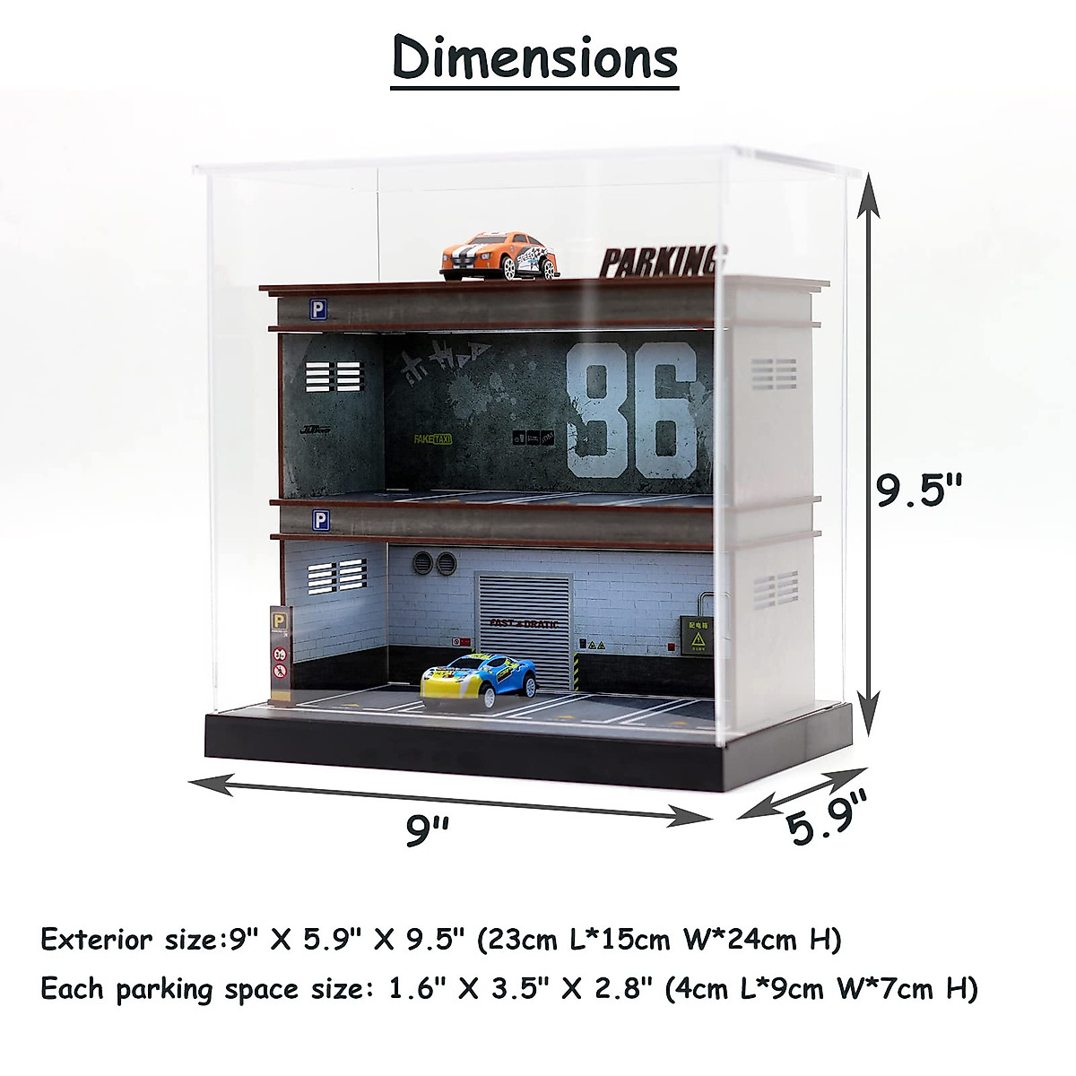 Hot Diecast Wheels Display Case - 1/64 Scale Die-cast Model Car Display Case with LED Light and Acrylic Cover, Wooden Parking Garage in 3 Floors with 10 Parking Spaces (86)