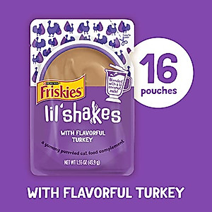 Purina Friskies Wet Pureed Cat Food Topper, Lil' Shakes With Flavorful Turkey Lickable Cat Treats - (Pack of 16) 1.55 oz. Pouches