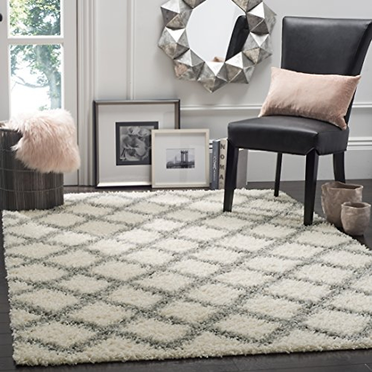SAFAVIEH Dallas Shag Collection Area Rug - 8' x 10', Ivory & Grey, Trellis Design, Non-Shedding & Easy Care, 1.5-inch Thick Ideal for High Traffic Areas in Living Room, Bedroom (SGD258F)