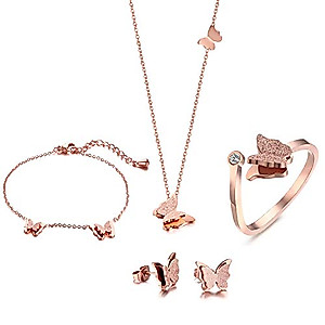 VNOX Butterfly Matte Finish Rose Gold Plated Stainless Steel Bracelet Ring Necklace and Stud Earrings Jewelry Set for Women Teen Girls