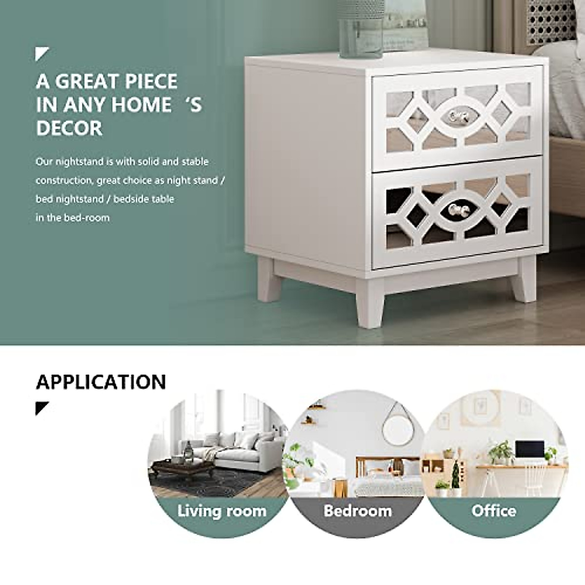 DiDuGo Nightstand with 2 Mirrored Drawers Set of 2, Wood End Table Bedside Table with Storage, Contemporary Style, Wooden Legs, for Bedroom White (18.9”W x 15.7”D x 19.7”H)