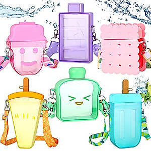 Queekay 6 Pcs Water Bottles with Straws for Kids Watermelon Water Bottle Adjustable Strap Leakproof Plastic Watermelon Ice Cream Camera Bread Biscuits Shaped Water Bottle for School Travel