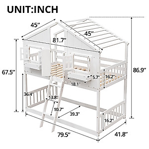 Bunk Bed Twin Over Twin with Roof, Wood House Bunk Bed with Door, Windows, Twin Bunk Bed Frame with Heightened Guardrails and Widen Ladder for Boys Girls, 81.7" L x 57.8" W x 86.9" H, White