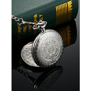 Hicarer Quartz Pocket Watch for Men with Black Dial and Chain Vintage Roman Numerals Christmas Gifts Birthday (Silver)