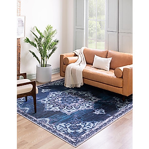 Rugs.com Francesca Collection Washable Rug – 7 Ft Square Navy Blue Flatweave Rug Perfect for Living Rooms, Kitchens, Entryways