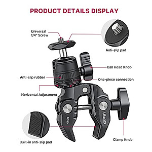 Camera Clamp Mount Accessories for Gopro - ULANZI R099 Super Clamp Ball Head Mount 1.5kg/3.3lb Loading Metal Bike Motorcycle Handlebar Attachments for DSLR Gopro Hero 5/6/7/8/9/10/11 Black/Insta 360