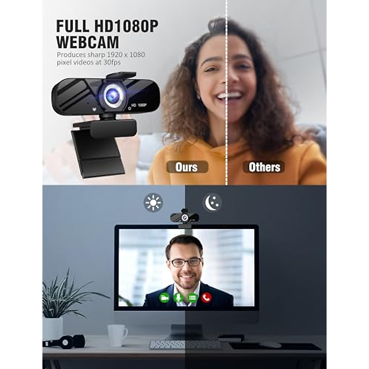 Full HD Webcam with Built-in Microphone and Rotatable Tripod, 1080P Video and Wide Angle Camera, Privacy Cover, for Desktop PC or Laptop Computer (Webcam with USB Cable)