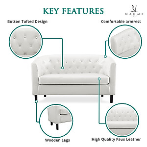 Emma Love Seat, Button Tufted Faux Leather Barrel Loveseat, Midcentury Modern 2 Seater Sofa Couch, Small Loveseat for Small Spaces, Bedrooms, Couches for Living Room, Easy Tool-Free Assembly - White
