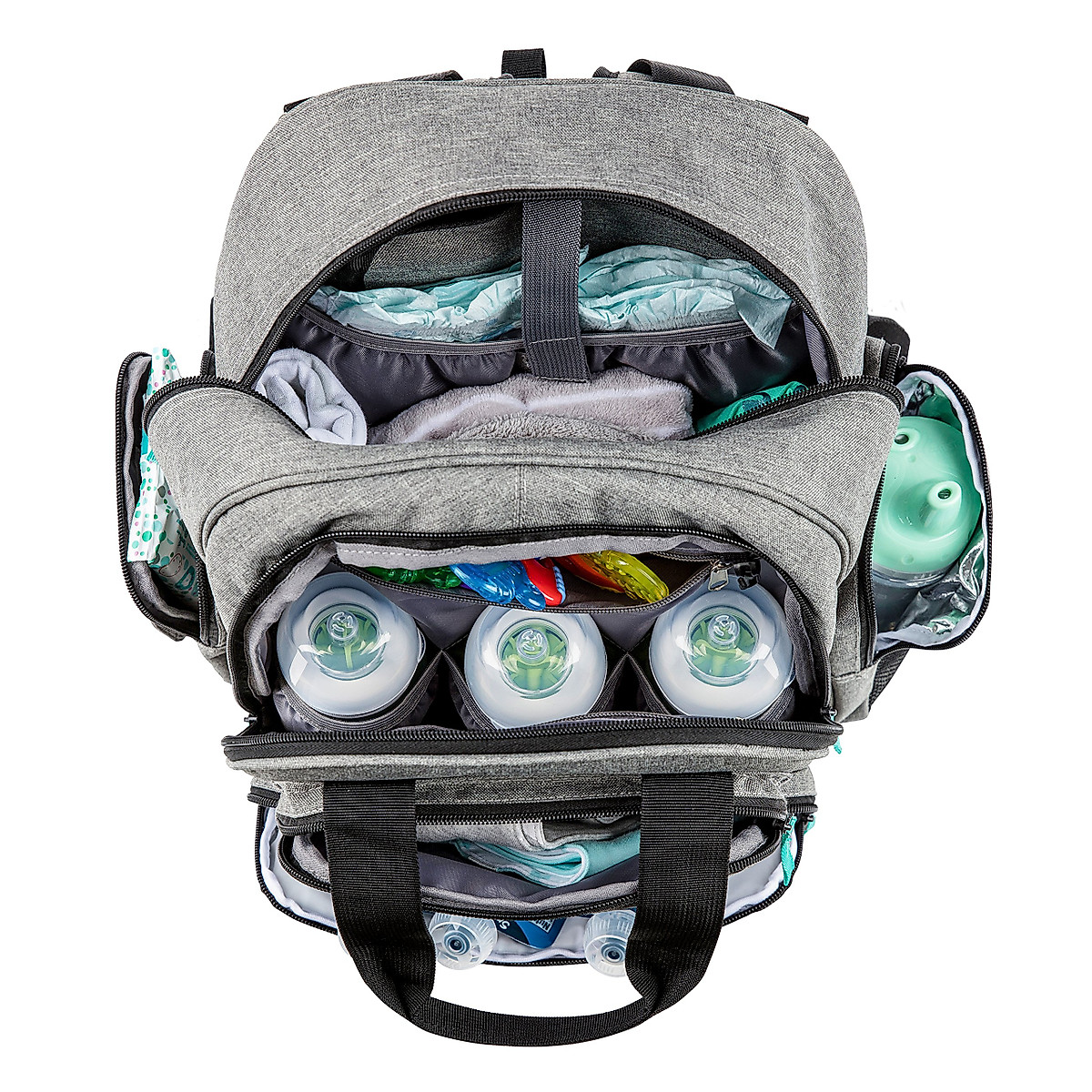 YavoBaby Diaper Bag Backpack - Large Capacity 18 Pocket Multi-Functional Unisex Diaper Bag - Extremely Durable and Stylish - Includes Changing Pad, Stroller Straps, and Nursing Pouch -Gray w/Teal Tags