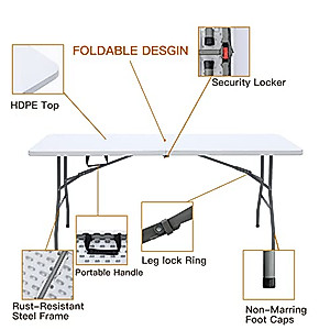ANJIONG Folding Table 6ft Portable Heavy Duty Plastic Fold-in-Half Utility Picnic Table Plastic Dining Table Indoor Outdoor for Camping White
