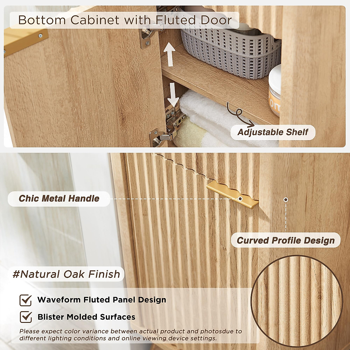 RedLemon 68" Tall Bathroom Narrow Storage Cabinet with Adjustable Shelf, Drawer & Faux Marble Top, Curved Profile Linen Tower for Bathroom, Living Room, Kitchen, Natural Oak Color