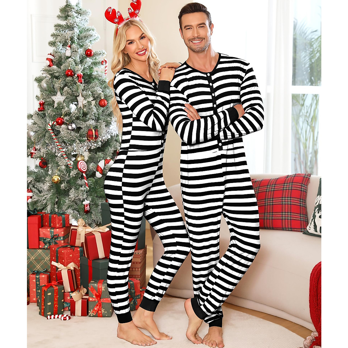 SWOMOG Womens Matching Family Onesie Pajamas Sets Christmas Couple One-Piece Romper Holiday Sleepwear Soft Stripe Clothing