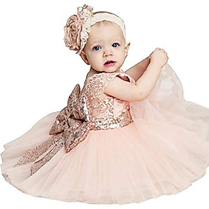 Pink Backless Sequin Elegant Tutu Fluffy Pageant Wedding Dresses for Toddler Baby Kids Elegant Bridesmaid Clothes Romantic Vintage Birthday Bow Skirt Size 12-18 Months Age 1-2 Pink 90