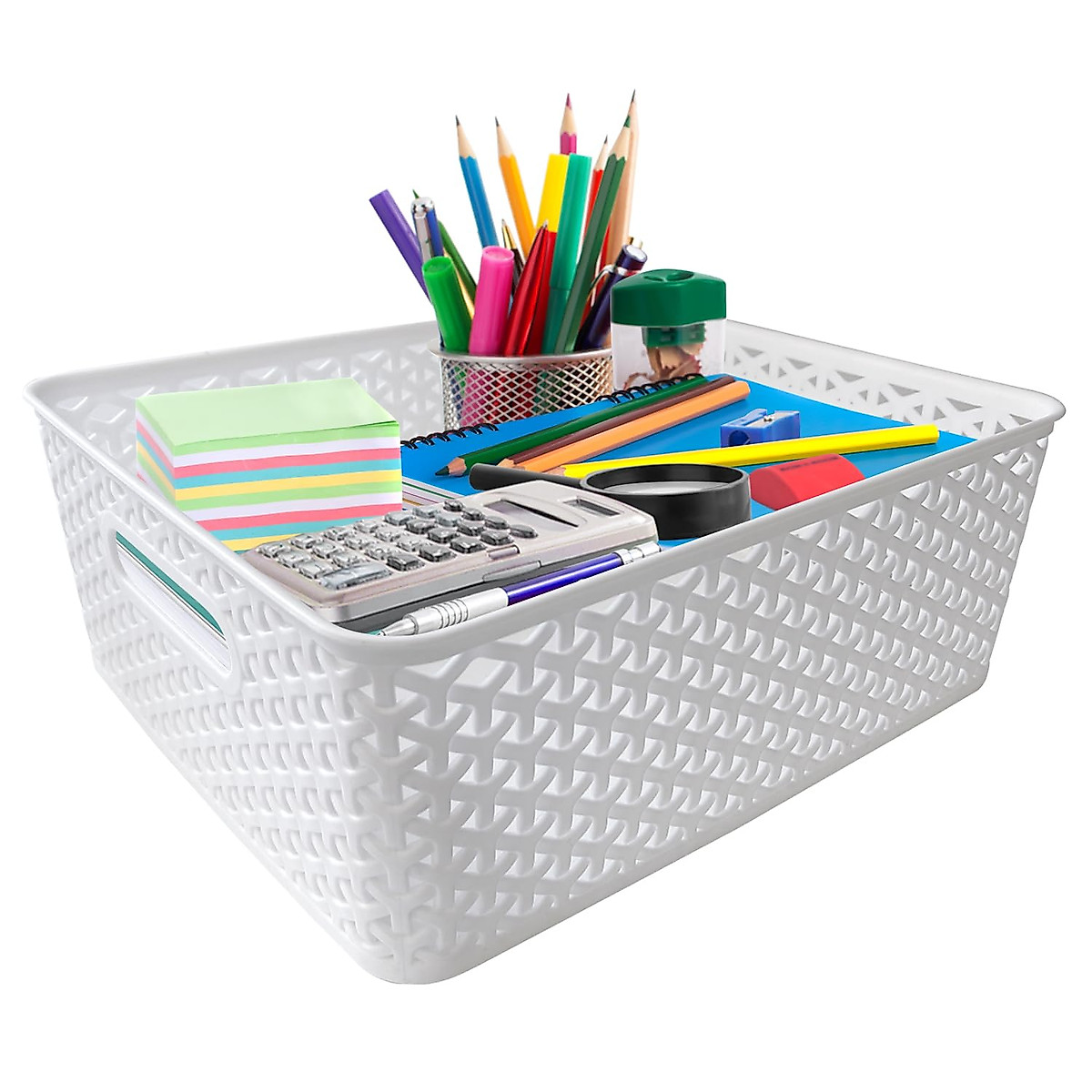 Rethink Your Room Set of 3 Large Plastic Open Storage Basket, 14 x 12 x 5 Inches, Durable Pantry and Kitchen Organization Bins for Organization, Desktops Countertops Bathroom Home, Bright White