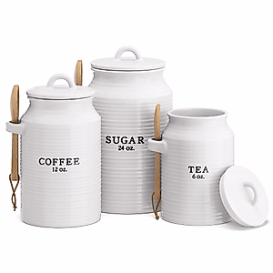 Barnyard Designs Canister Sets for Kitchen Counter, Ceramic Canister Set, Decorative Kitchen Canisters, Coffee Tea Sugar Container Set, Rustic Farmhouse Canisters Ceramic Jar, White, Set of 3