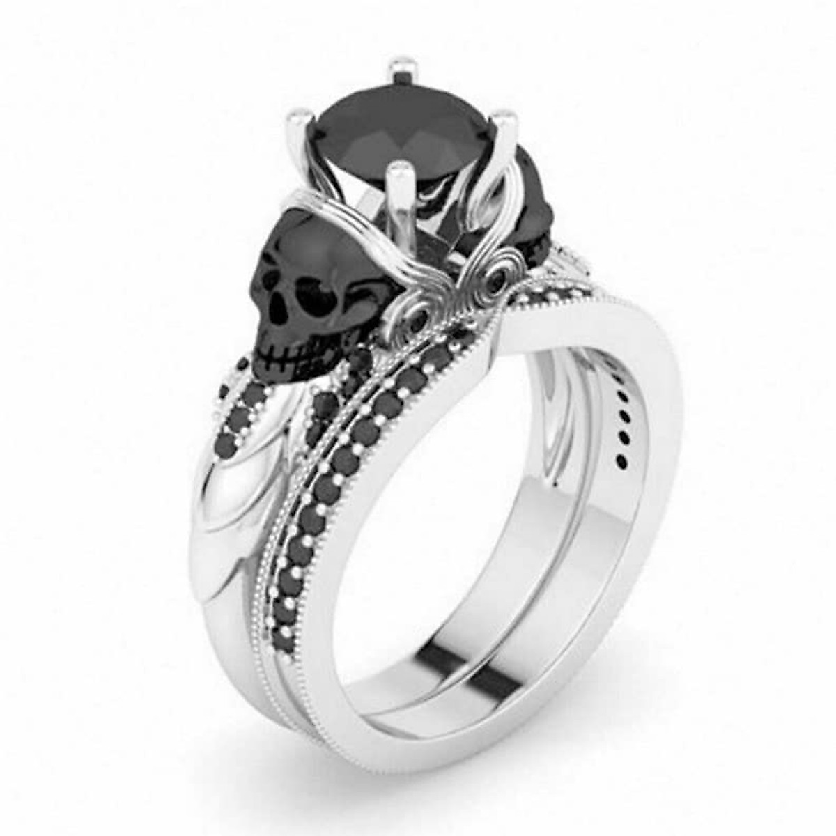 Destiny jewel 2.11ct black round cut diamond skull view engagement wedding bridal ring set, 925 sterling silver white gold over ring set (13.75)