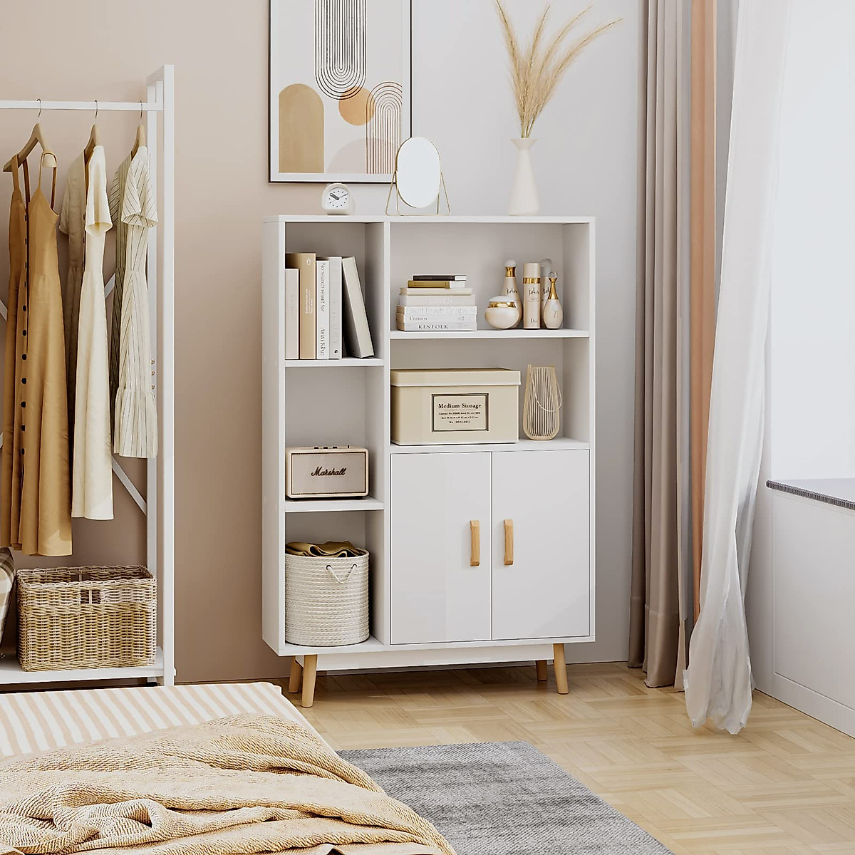 FOTOSOK Floor Storage Cabinet with 2 Shelves and 3 Cubes, Bookcase with Doors, Bookshelf Cabinet with Legs for Kitchen, Living Room and Home Office, White