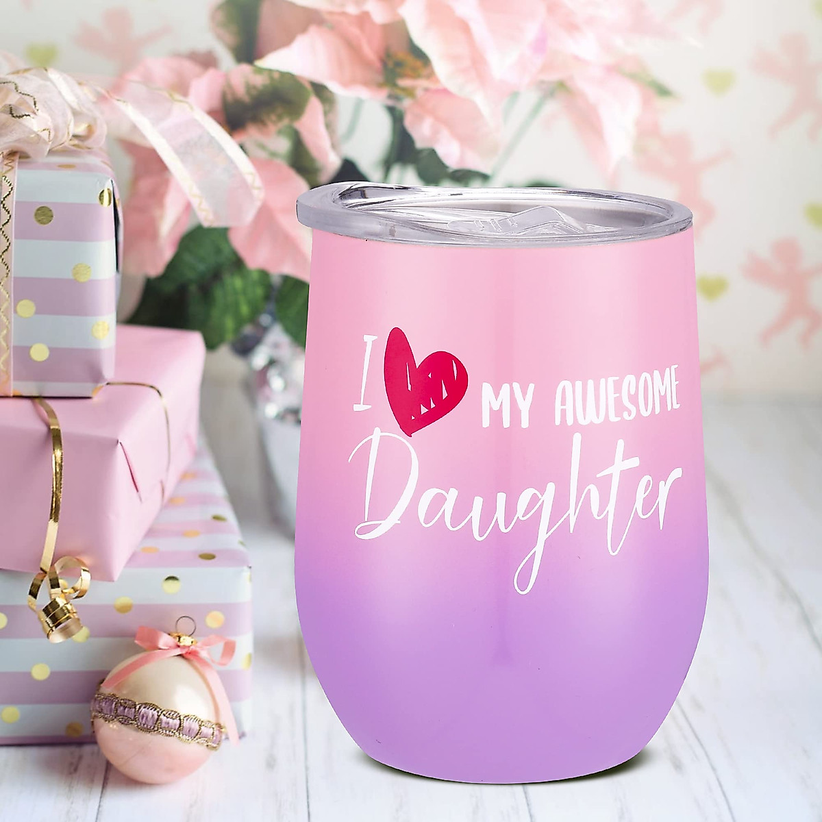 AYANA DREAMS Daughter Wine Coffee Tumbler - Personalized Birthday Graduation Christmas Wedding 21st Gifts from Mom Dad - Proud of You Gifts for Daughter in Law - Gift Ideas 21 Year Old (Pink/Purple)