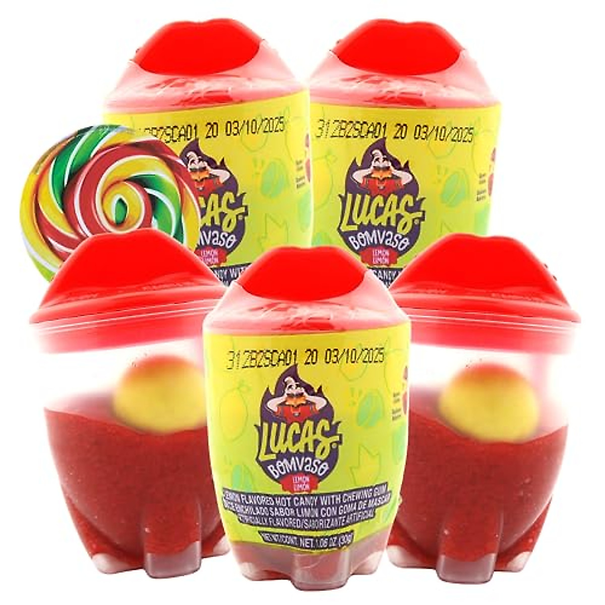 Spicy Mexican Candy, Hot Lemon Flavored Soft Paste with Gumball, Resealable Lid, 1.06 Ounces (Pack of 5) Lollipop Swirl Sticker Included