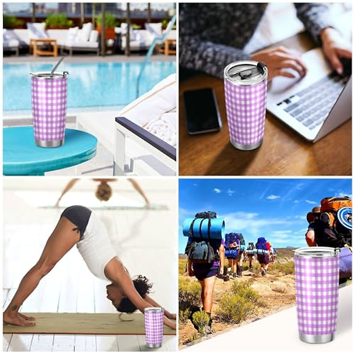 Purple and White Checkered Stainless Steel vacuum insulated water bottle with Lid and Straw coffee travel mug 20oz for Water, Iced Tea or Coffee leakproof tumblers with lids botellas para agua