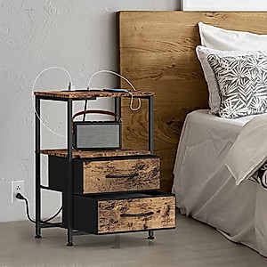 YBING Nightstand with Charging Station End Table with USB Ports and Outlets Bedside Table with Open Shelf Side Table with Fabric Drawers Industrial Night Stand for Bedroom Living Room (Brown)
