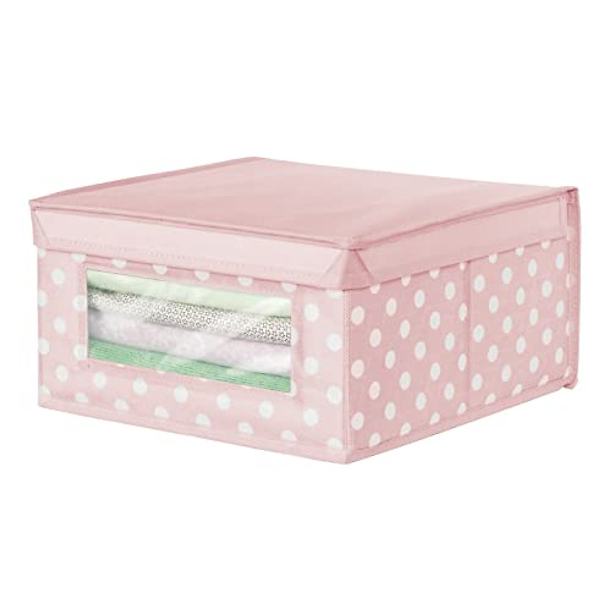 mDesign Medium Soft Stackable Fabric Baby Nursery Storage Organizer Holder Bin Box with Front Window and Lid for Child/Kids Bedroom, Playroom, Classroom - Light Pink/White Polka Dot
