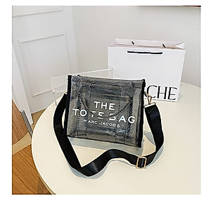 knzdvoy Mesh Tote Bag for Women, Large Satchel Tote Bag for Summer Beach Bags Fashion Clear Tote Bag Messenger Bag (10.6'' L X 8.3'' H X 4.1'' T,black)