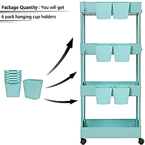 AYVANBER 6 Pack Hanging Cup Holder for Rolling cart Accessories Hooks Little Hanging Buckets Hanging Storage Bins Craft Supplies for Rolling Utility Cart Slim Storage Cart (Teal)