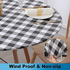 smiry Round Table Cloth Cover, Elastic Waterproof Fitted Vinyl Table Covers for 36"-44" Tables, Flannel Backed Buffalo Plaid Tablecloth for Picnic, Camping, Indoor and Outdoor, Black and White