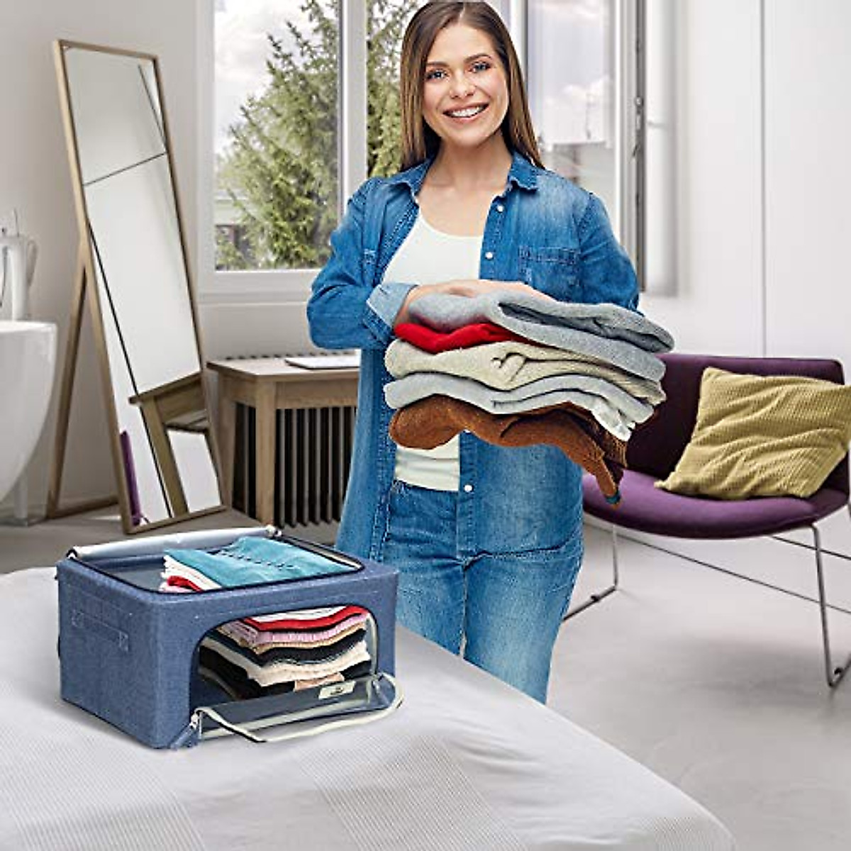 Sorbus Storage Bins with Metal Frame - Stackable & Foldable Clothes Organizer Bags - Oxford Fabric Storage Containers with Large Clear Window & Carry Handles, Organization for Bedroom, Closet, Bedding, Linens, sheet, Pillow, Blanket, Clothes, Books, and t