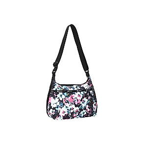 LeSportsac Sweet Petals Large Hobo Crossbody Bag, Style 3710/Color E457, Romantic Modern Watercolor Inspired Floral, Artfully Arranged Flower Blooms in Raspberry, Navy, Aqua & White, Large Carryall