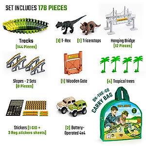 JITTERYGIT Dinosaur Jurassic Race Track Train Glow in The Dark World Toy Set, Kids Dino Racetrack Park Includes T-Rex & Triceratops Playset - Best Birthday Gift for Boys & Girls 3 4 5 6 7 8 Year Old