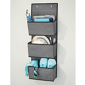 mDesign Fabric Hanging Organizers for Over The Door Storage in Bedroom/Hallway Closets, 3 Pocket Organizer Caddy, Hooks for Clothing, Accessories, Lido Collection, Textured Print, Charcoal Gray/Black