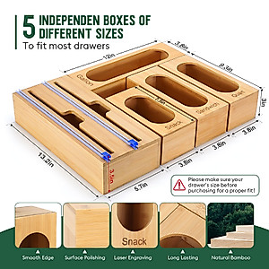 Openable Bamboo Ziplock Bag Storage Organizer & Foil and Plastic Wrap Organizer, Plastic Wrap Dispenser with Cutter and Ziplock Bag Organizer for Kitchen Drawer, 5 Baggie Organizer for Gallon,Quart,Sandwich,Snack