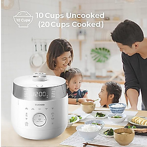 CUCKOO IH Twin Pressure Small Stainless Steel Rice Cooker 10 Cup Uncooked & 20 Cup Cooked with Induction Heating, LED Touch Controls, Reheat Option (White)
